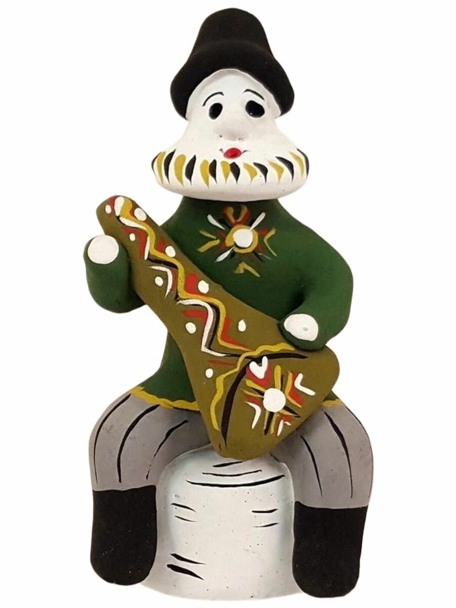 Мужичок на пеньке с балалайкой, Каргопольская глиняная игрушка, ручная авторская работа