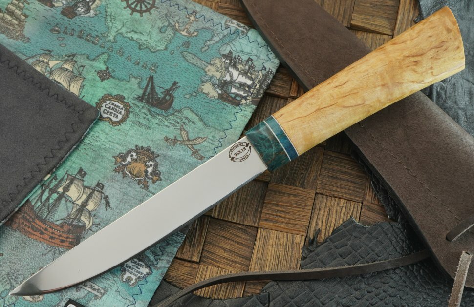 Нож Стальные Бивни Северный Большой, сталь 95Х18, рукоять карельская береза, зеленый больстер