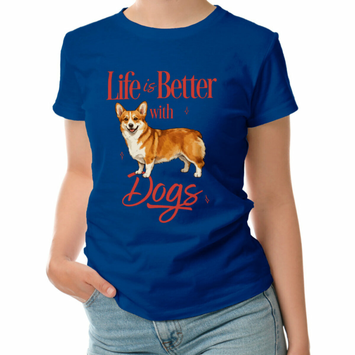 Женская футболка «жизнь лучше с собакой корги собачник заводчик корж» (темно-синий, XL)