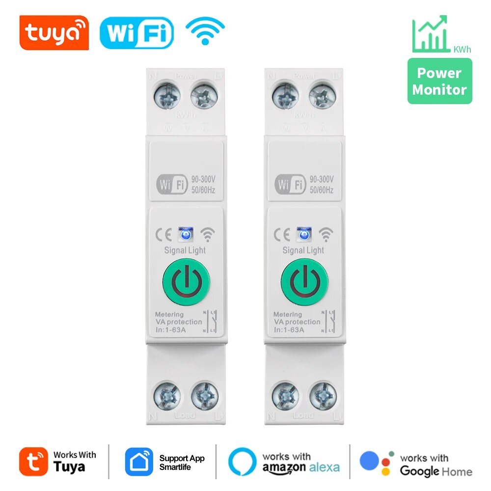 Tuya WiFi автоматический выключатель 1-63A, 2Pcs