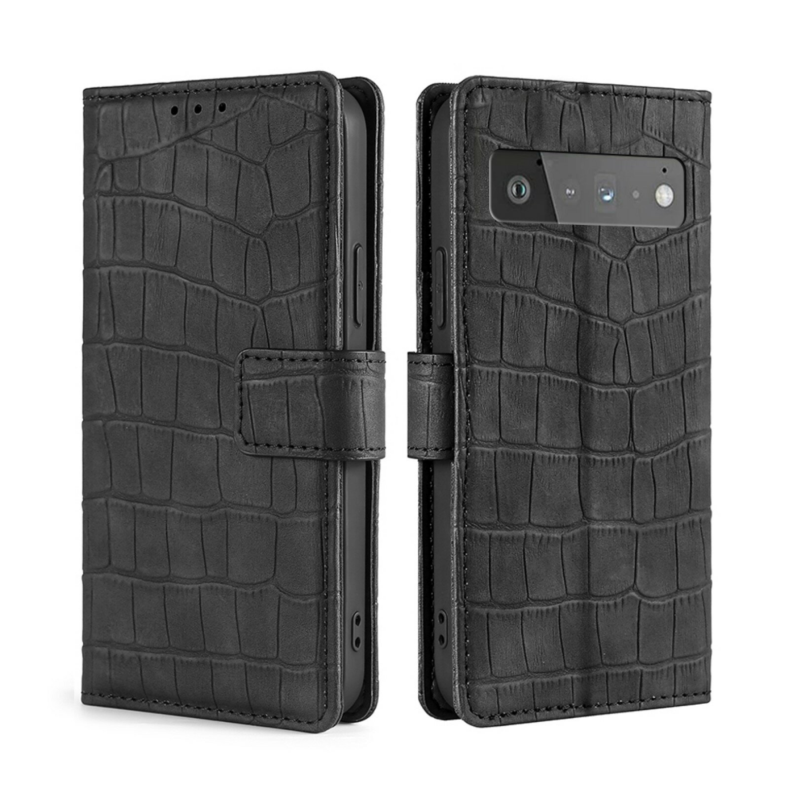 Чехол-книжка MyPads для Google Pixel 6 Pro с магнитной застежкой, черный, искусственная кожа под крокодила