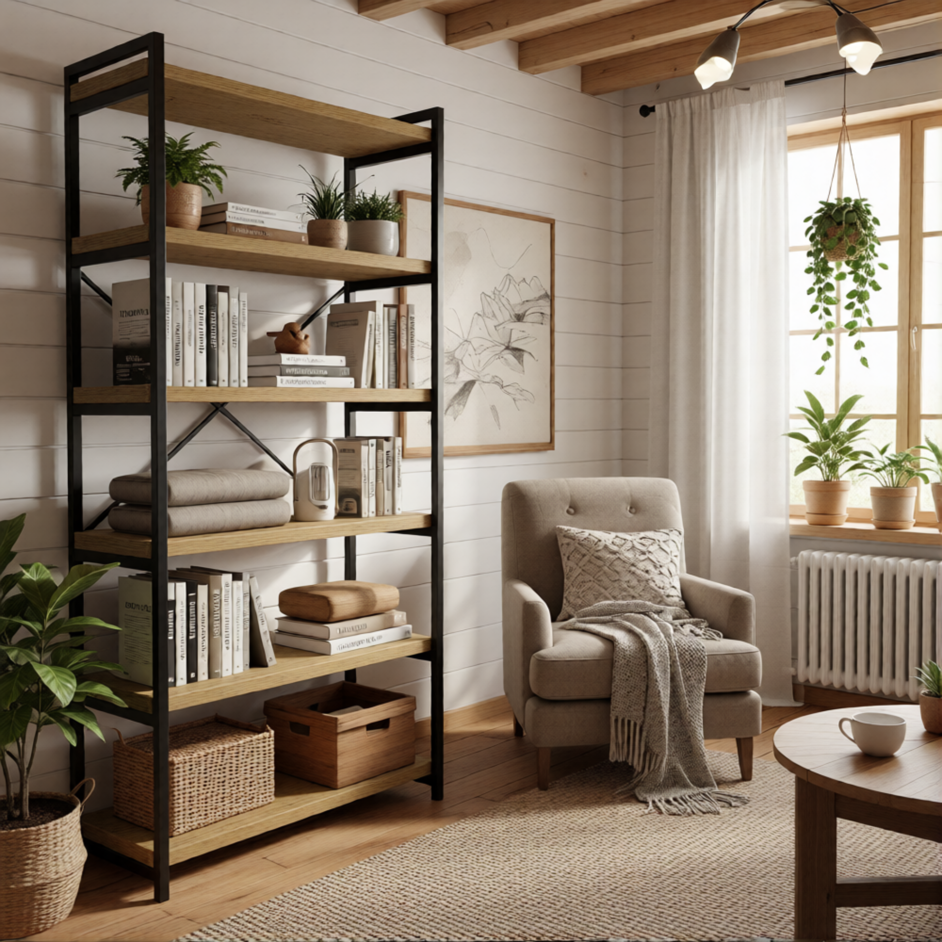 Стеллаж в стиле Лофт "RICH-6L", с массивом дерева, 6 полок, 100*37*1960 см