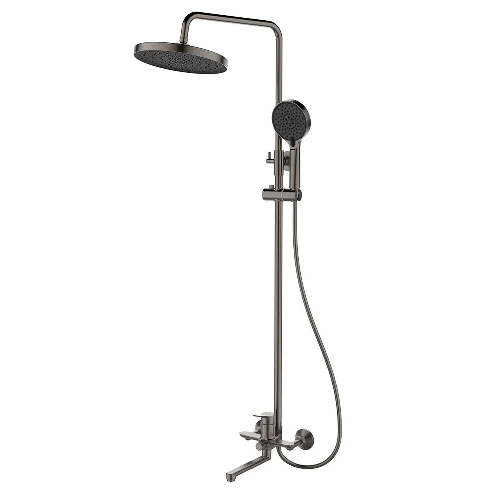 Душевая стойка Lemark Сибирь LMF-7026B-GM со смесителем, черная, серая, матовая, душевая система с тропическим душем, с изливом, с лейкой, латунная