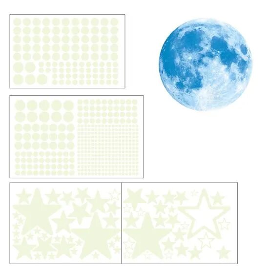 Наклейка интерьерная светящаяся в темноте Синий цвет Звезды и Луны