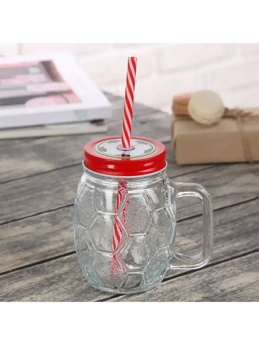 Банка с ручкой, трубочкой и крышкой Доляна "Мяч", 500 мл