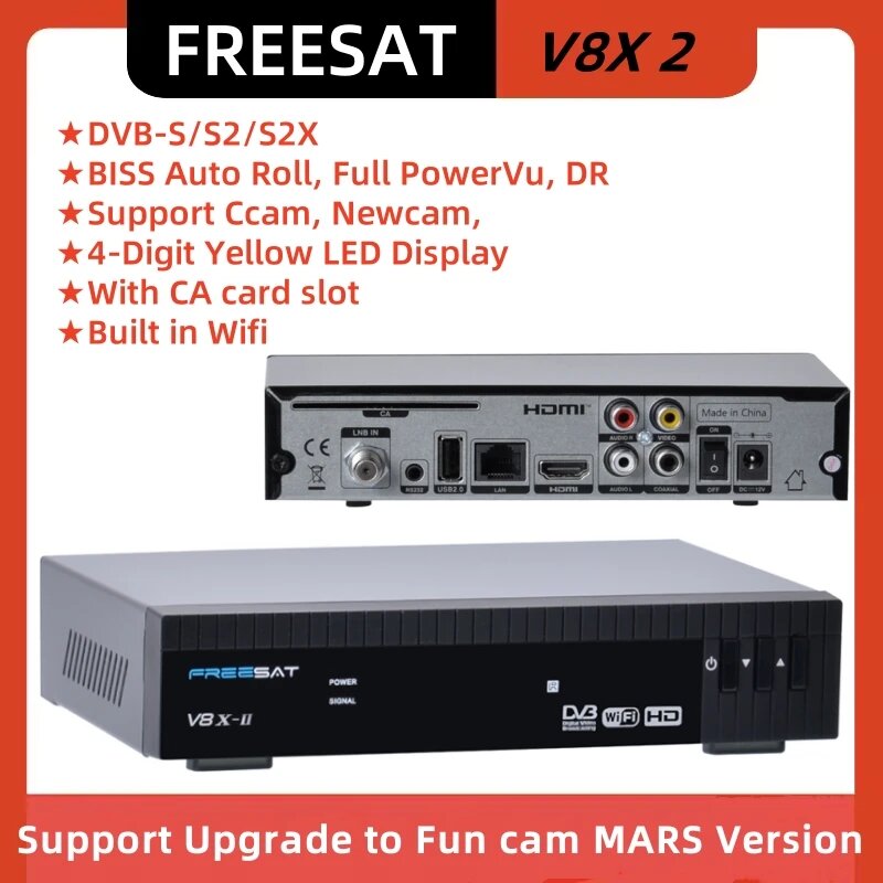 FREESAT V8X 2-версия FunCam HD-приемник спутникового телевидения DVB-S2X/S2/S, H.264/H.265 Встроенный WIFI, MARS/CCAM ТВ-приставка со слотом для CA-карты
