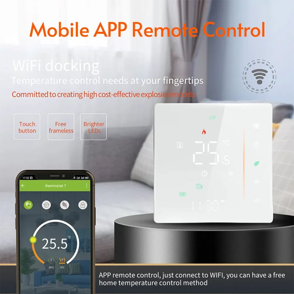 Терморегулятор/термостат, Wi-Fi Smart Thermostat с ЖК-дисплеем, сенсорные кнопки, черный — фото 1