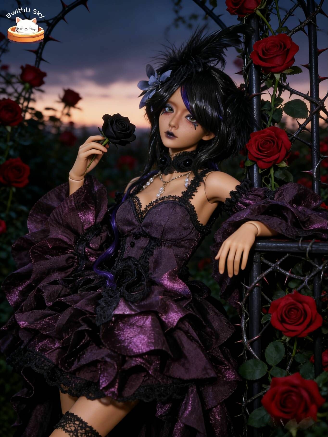 BwithUSky Ariana 1/4 BJD: Готический Костюм с Фиолетовым Платьем и Сеткой Коллекционный Лук