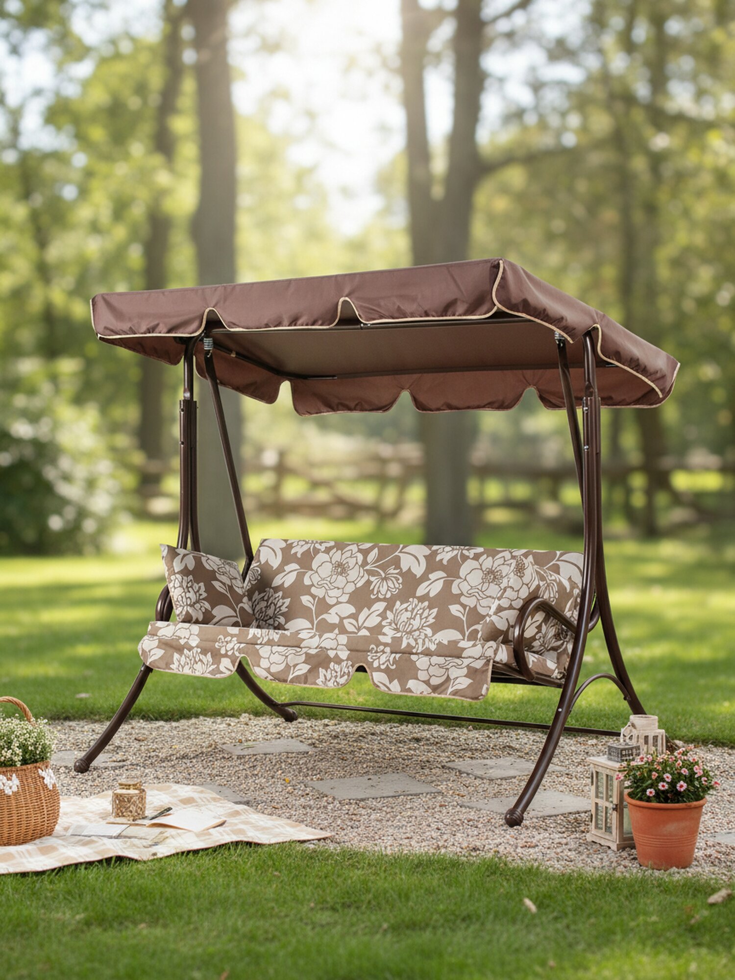 Качели садовые 2-местные Olsa Мартин с1801, стальной каркас, нагрузка 180 кг, коричневые с тентом и мягким матрасом