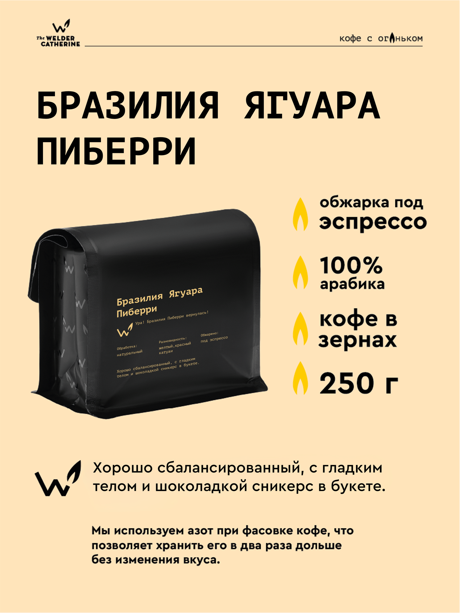 Кофе в зернах Сварщица Екатерина "Бразилия Ягуара Пиберри" под эспрессо - 250 гр