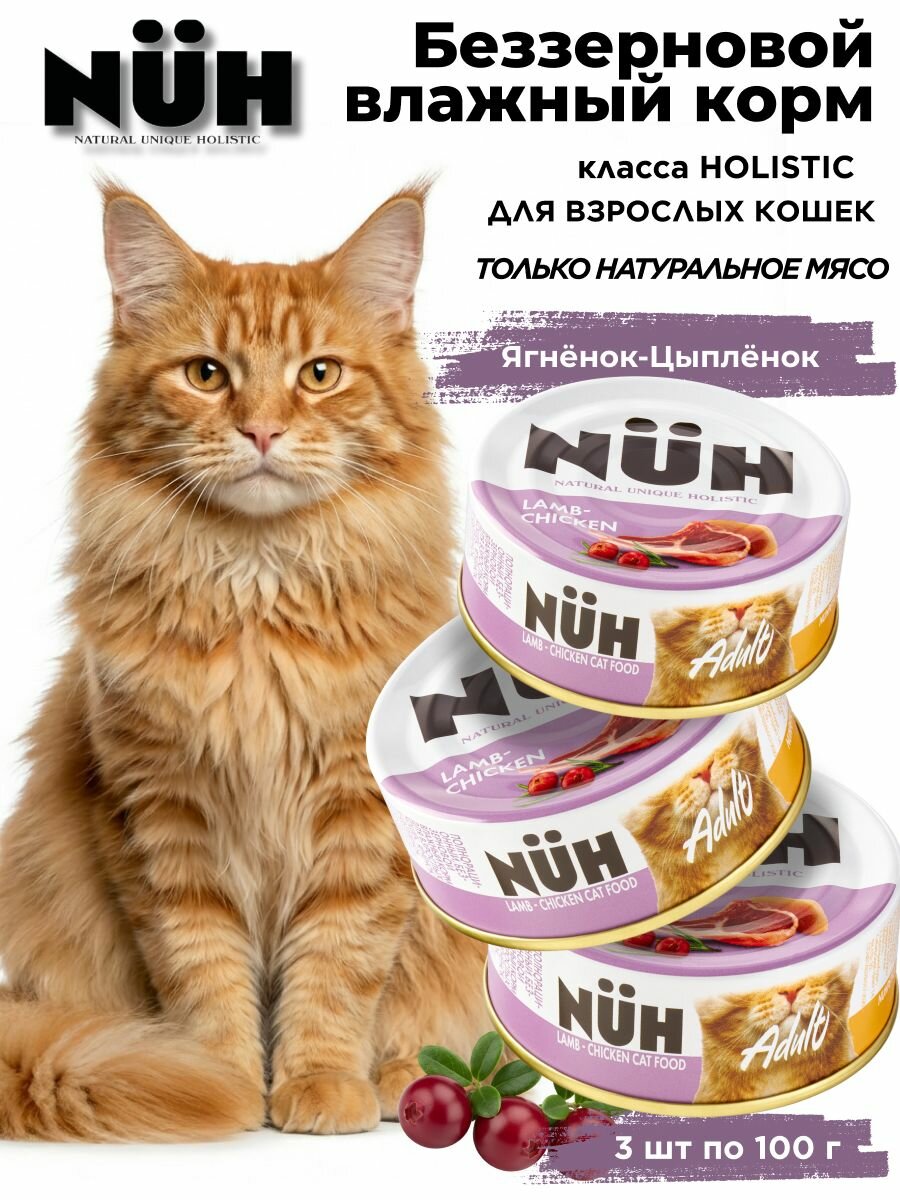 Беззерновой влажный корм холистик для взрослых кошек. Ягненок и цыплёнок.100 гр. NUH ключ Набор 3 шт.