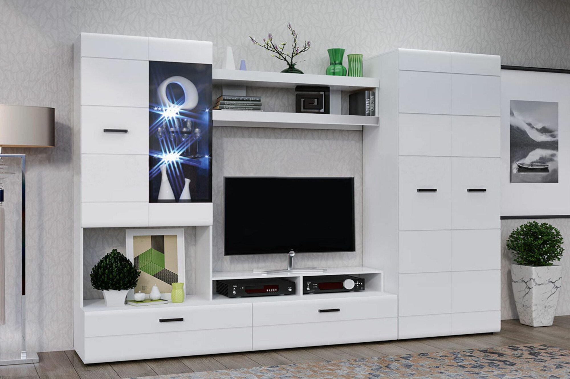 Гостиная Нэнси NEW Вариант №4 (Белый глянец холодный, Белый)