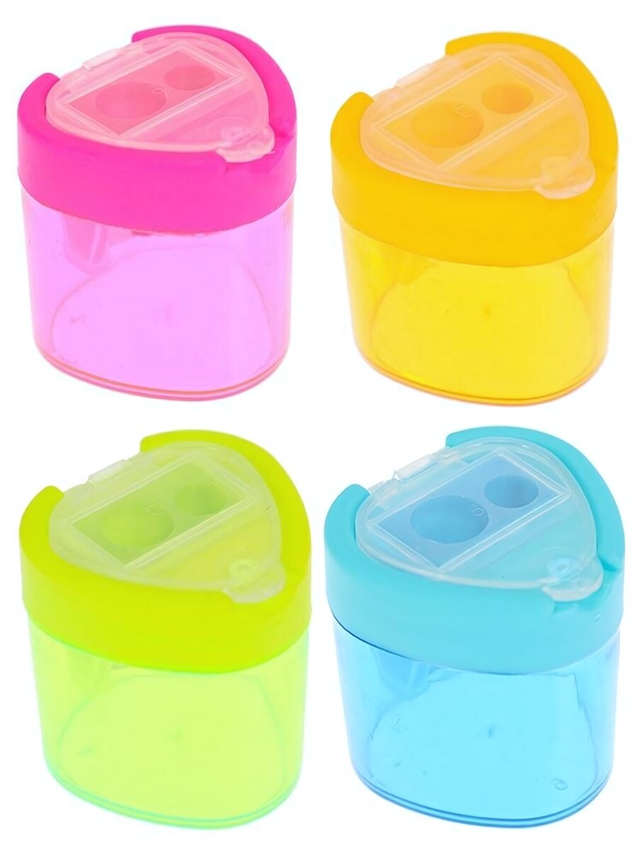 Точилка для карандашей "Сердечко" с 2 отверстиями и контейнером для стружки, разноцветный принт, пластик