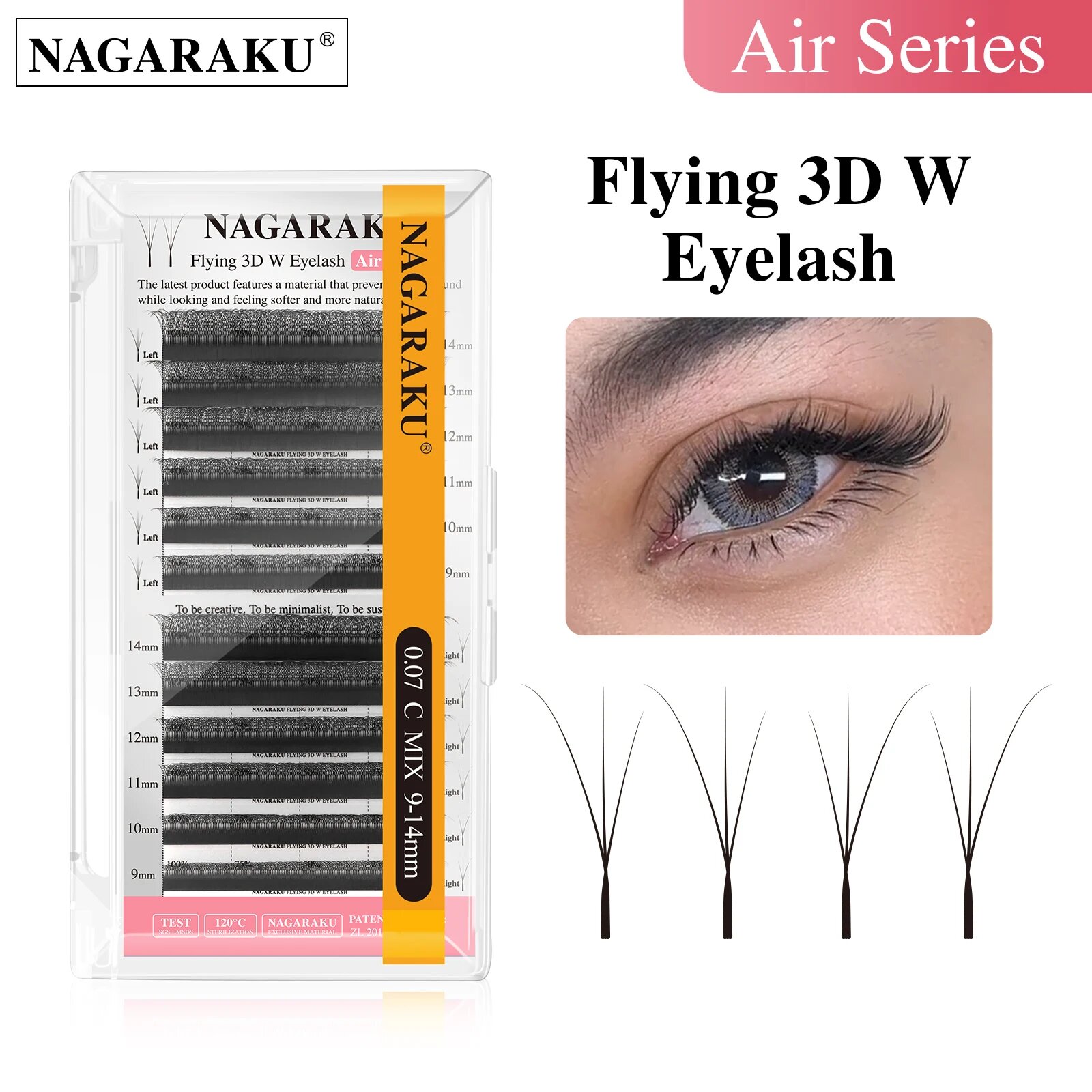 NAGARAKU Ресницы накладные 3D W-образные, D изгиб, Mix9-14mm