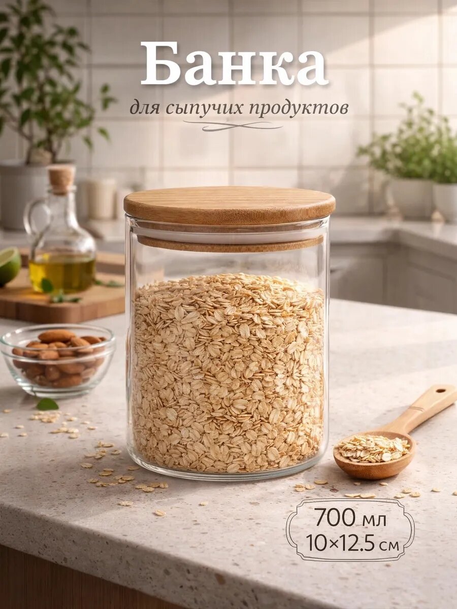 Банка стеклянная для хранения сыпучих продуктов BellaTenero «Эко», 700 мл, 10×12,5 см, с бамбуковой крышкой