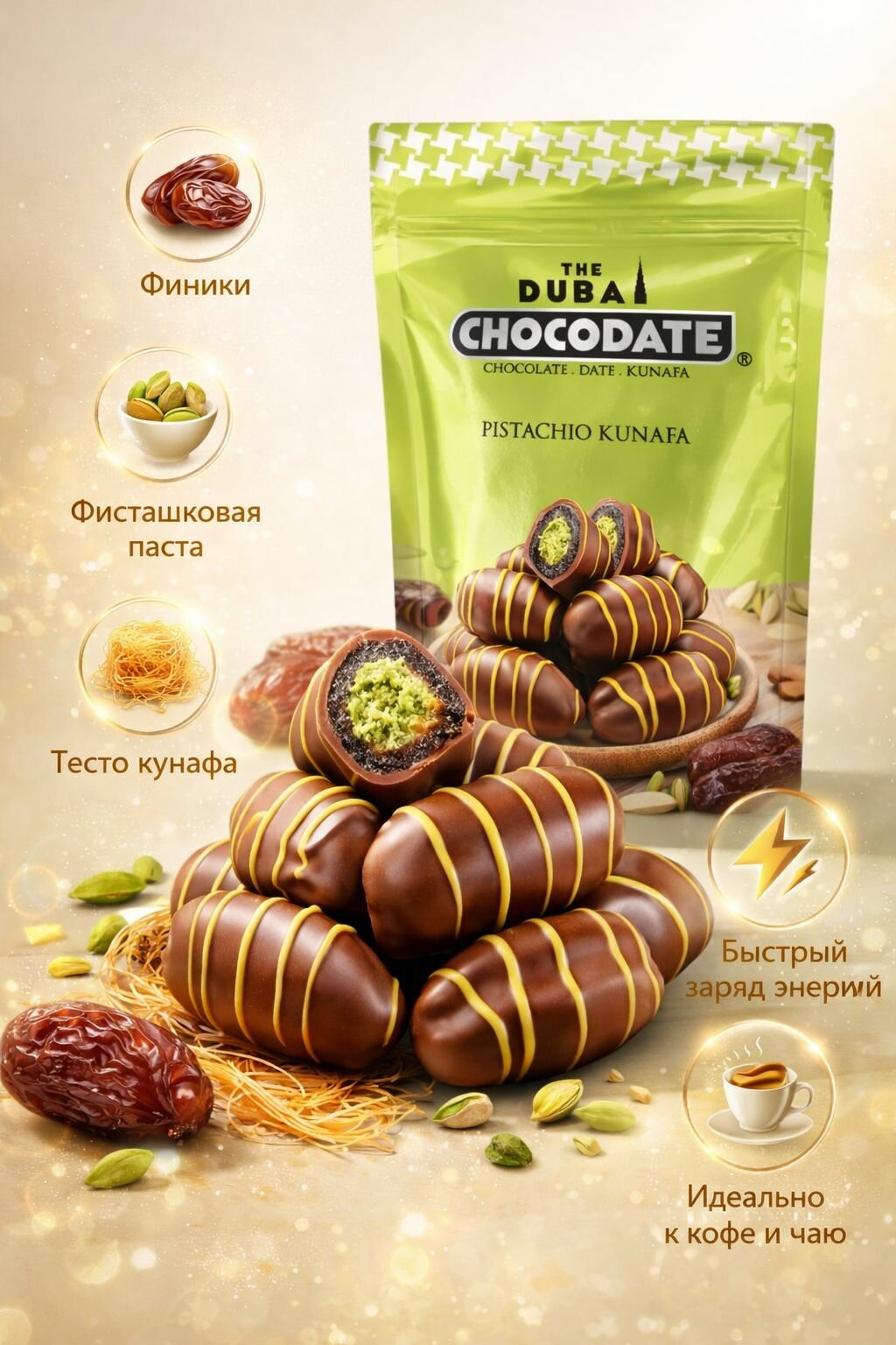 Конфеты в шоколаде с начинкой Chocodate Финики с фисташковой пастой и тестом кунафа в молочном шоколаде