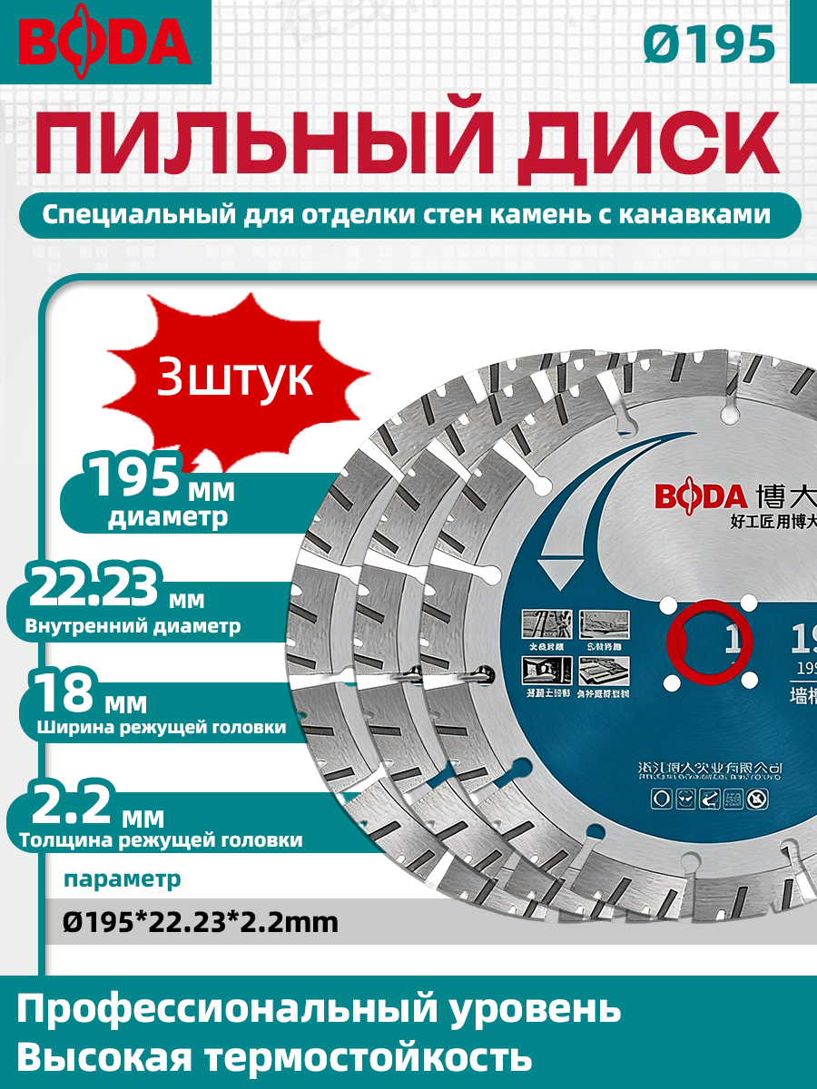 Пильный диск, BODA, 195 мм, используется для резки стальных прутьев и бетона Производитель-поставщик Упаковка на 3 штуку