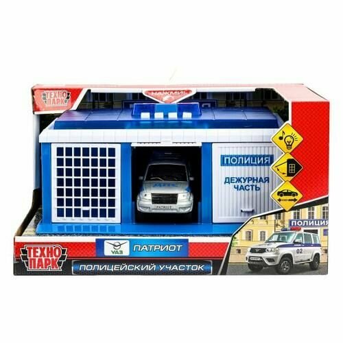 Машинка Huada Toys модель инерционная УАЗ Патриот, Полицейский участок 22 см, свет, звук, +ворота, от 3 лет, GARAGE-22SL1XCAR