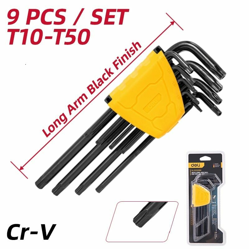 Набор шестигранных ключей "TORX" удлиненных Deli DL234209H 9 шт (T10-T50), сталь Cr-V, пластиковый держатель