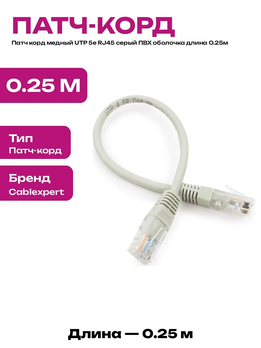 Компьютерный патч корд медный UTP 5e RJ45 серый длина 0.25м