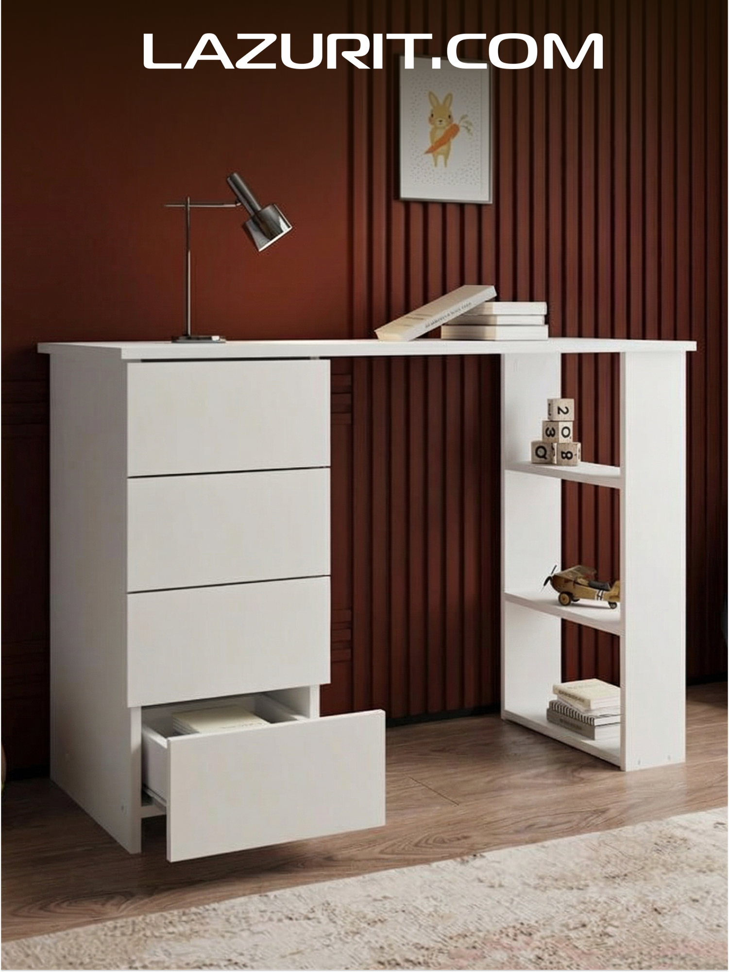 Стол письменный для школьника Lazurit Эльбрус компьютерный белый универсальный с ящиками и полками игровой 105,6х45х75см