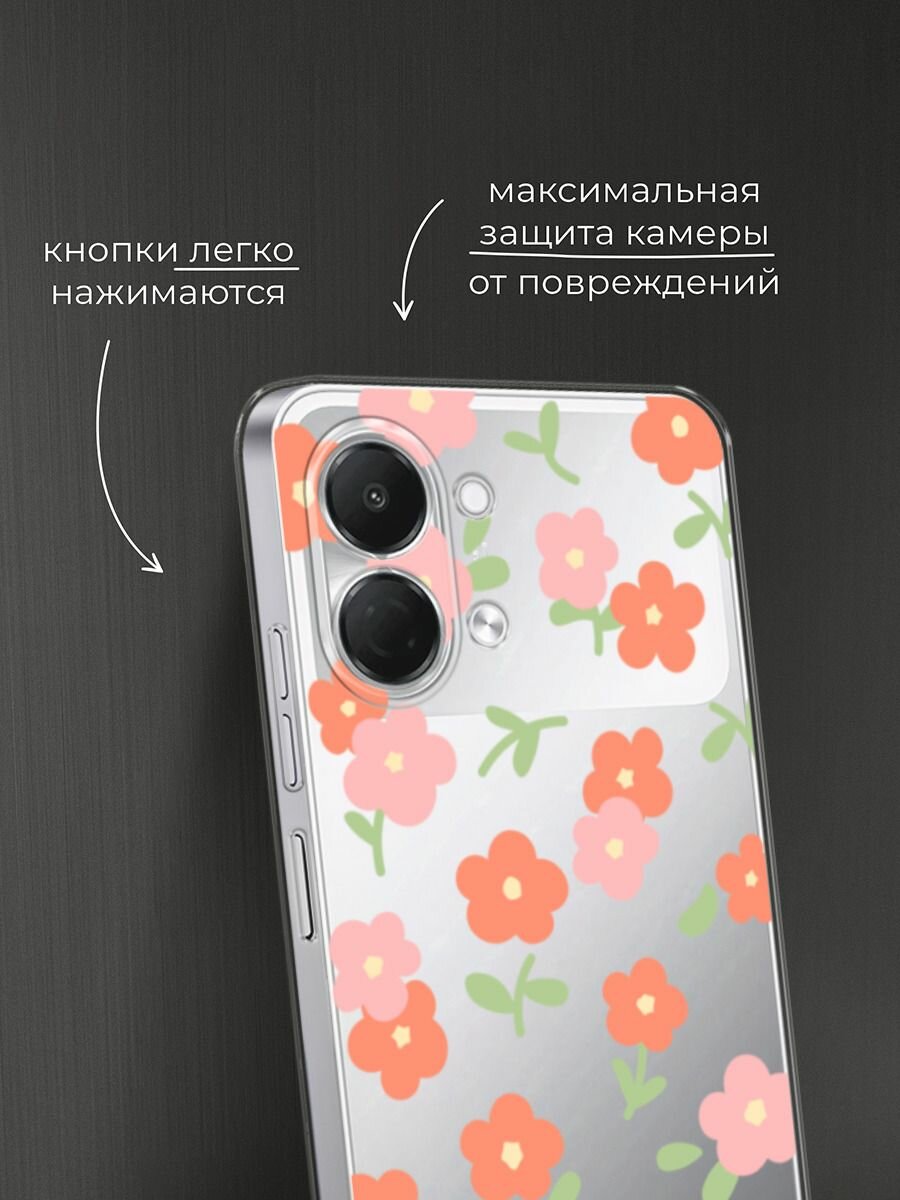 Чехол на Tecno Spark Go 3 / Текно Спарк Го 3 с принтом Красные цветочки рисунок, прозрачный — фото 1