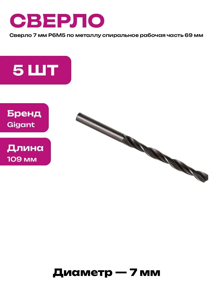 Спиральное сверло 7 мм Р6М5 для работ по металлу длина 109мм