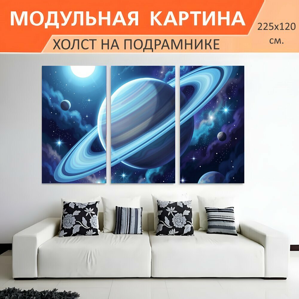 Модульная картина на холсте "Планета с кольцами в космосе. Фантастическая космическая сцена с огромным газовым гигантом, яркими." триптих на подрамнике 225х120 см. для интерьера