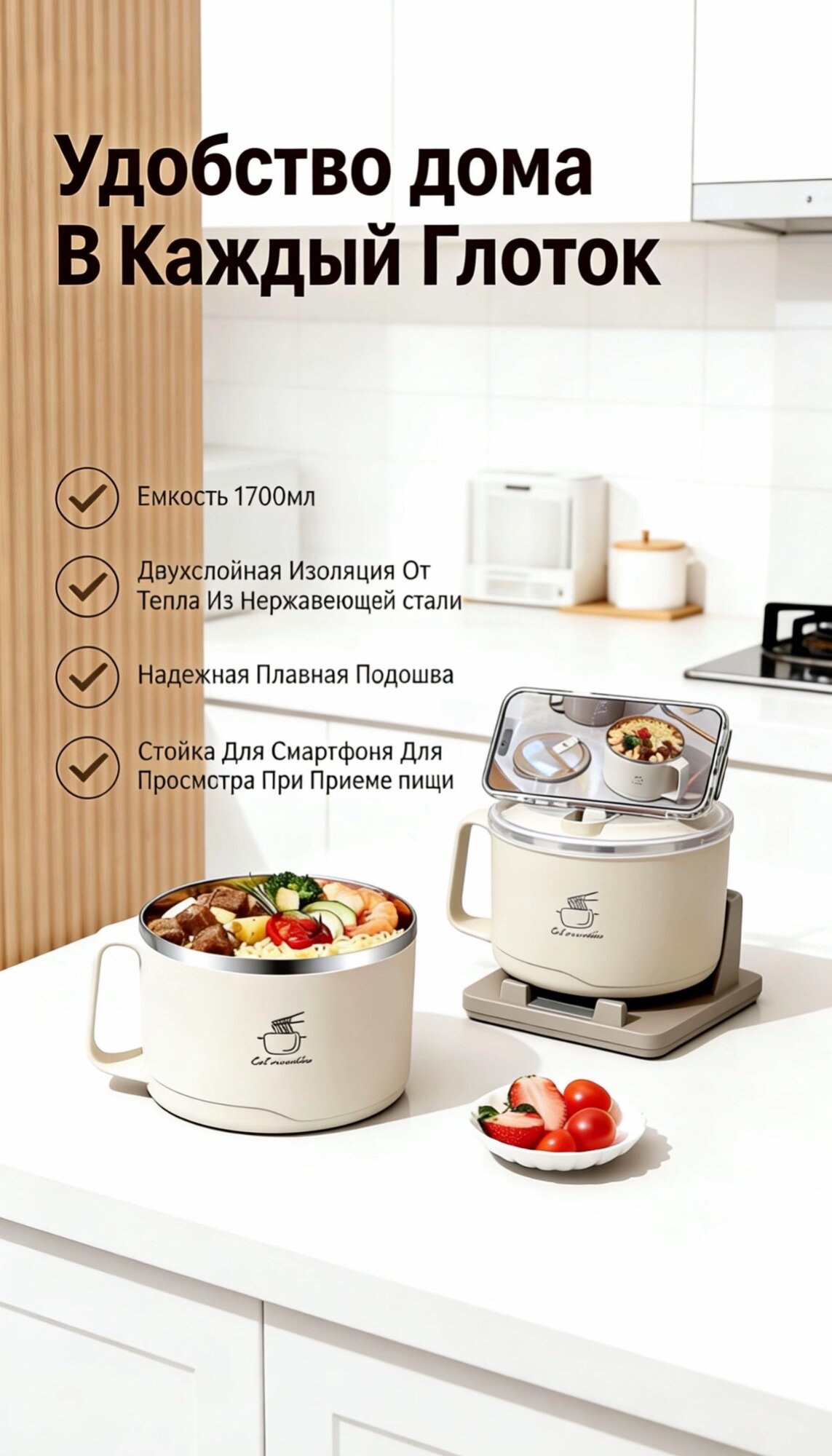 Супница, с ложкой, с крышкой, нержавеющая сталь/полипропилен, бежевая，1700ml