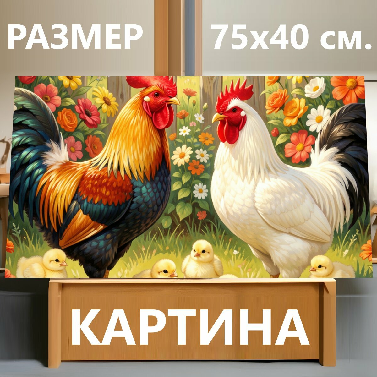 Картина на холсте "Петухи и цыплята в саду. Яркая сказочная сельская сцена с двумя петухами и пушистыми цыплятами среди цветущих полевых." на подрамнике 75х40 см. для интерьера