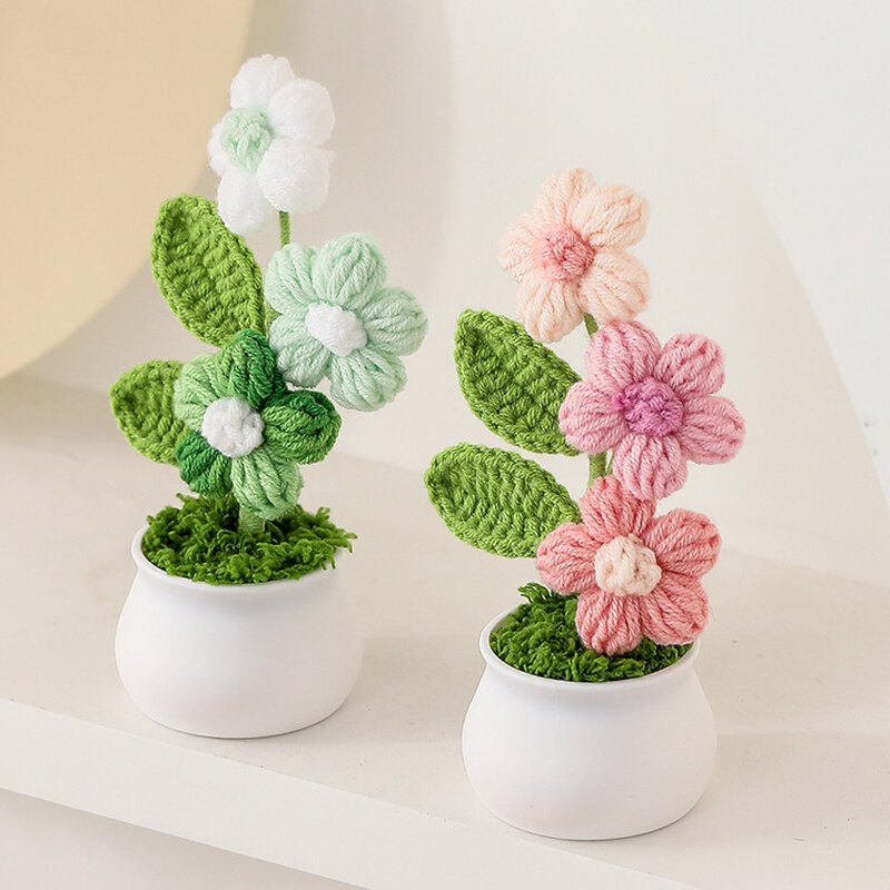 Вязаные искусственные цветы в горшках, Вязаные искусственные цветы в горшках, Подарок на свадьбу и новый год,1 кусок,5x17 см