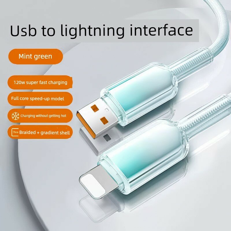GaN зарядное устройство с двумя портами USB-C: мятно-зеленый градиент, кабель Lightning