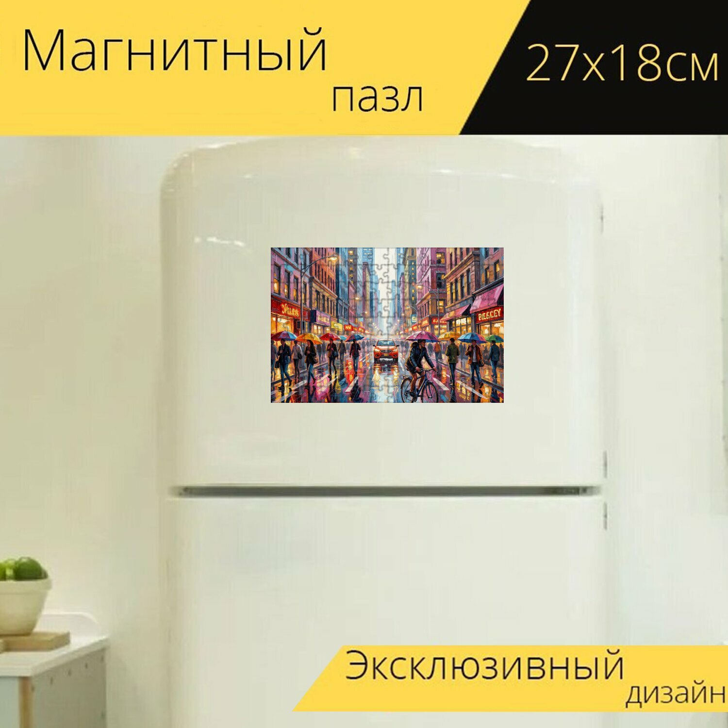 Магнитный пазл "Дождливый городской проспект с велосипедистом. Яркая неоновая сцена мегаполиса в дождь: мокрый асфальт с отражениями огней, прохожие под." на холодильник 27 x 18 см.