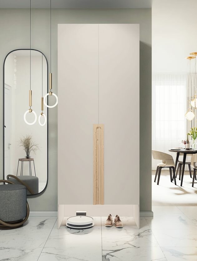 Casa Mia 60x55x220 см. Дизайнерский шкаф в прихожую распашной парящий, 2-дверный, кашемир, ручка из массива дуба