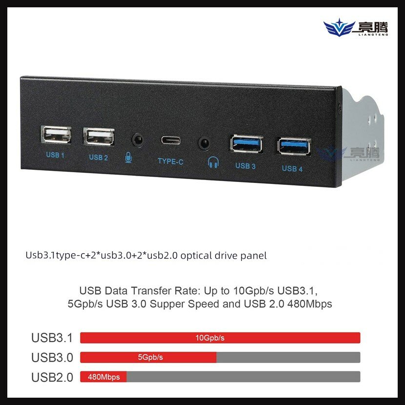 USB 3.2 Gen 2 передняя панель для оптического привода 10 Гбит/с с 2x USB 3.0, 1x USB 2.0, Type-C и аудио портом
