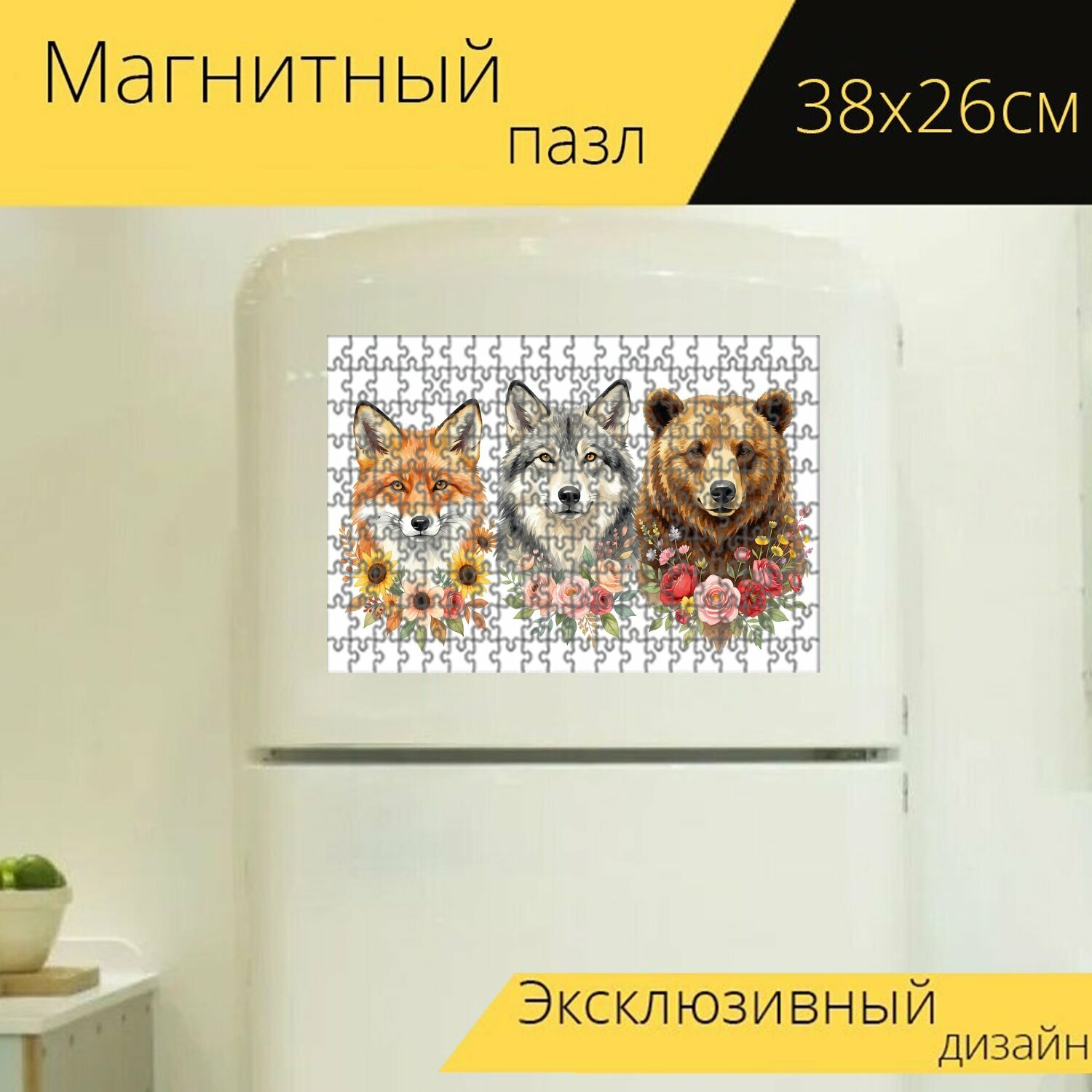 Магнитный пазл "Лесные звери с цветами. Акварельная иллюстрация с тремя лесными животными: рыжей лисой, серым волком и бурым медведем. Нежные цветочные." для интерьера, 38х26 см.