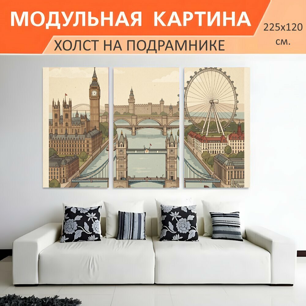 Модульная картина на холсте "Панорама Лондона с достопримечательностями. Стильная винтажная иллюстрация британской столицы: Биг-Бен." триптих на подрамнике 225х120 см. для интерьера