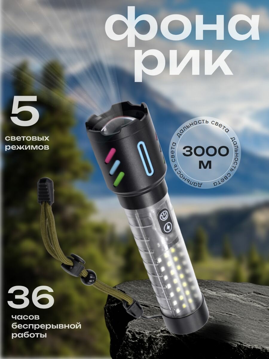 Фонарь ручной СВ со шнурком, 5 режимов, зум, кабель Type-C, работает от 18650, материал авиа. алюминий, 270гр