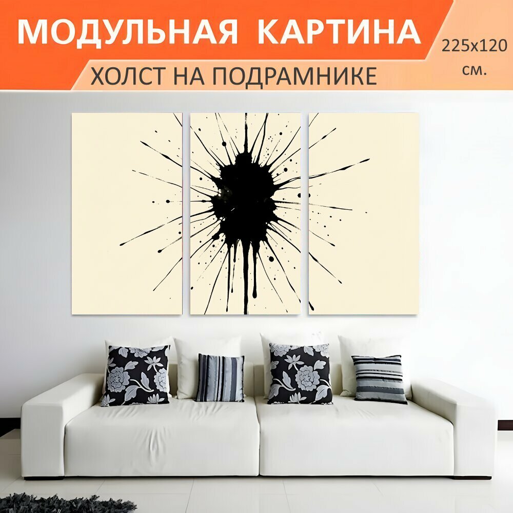 Модульная картина на холсте "Черная абстрактная клякса. Графичная композиция с разлетающимися чернильными брызгами и длинными." триптих на подрамнике 225х120 см. для интерьера
