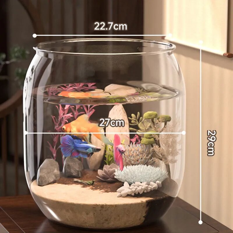 Прозрачный круглый аквариум для рыбок из небьющегося пластика под стекло компактный настольный вариант для гостиной