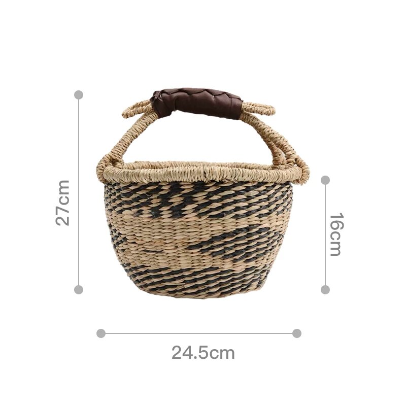 Маленькая круглая черная плетеная корзина из морской травы для покупок, пикника и хранения фруктов, легкая натуральная