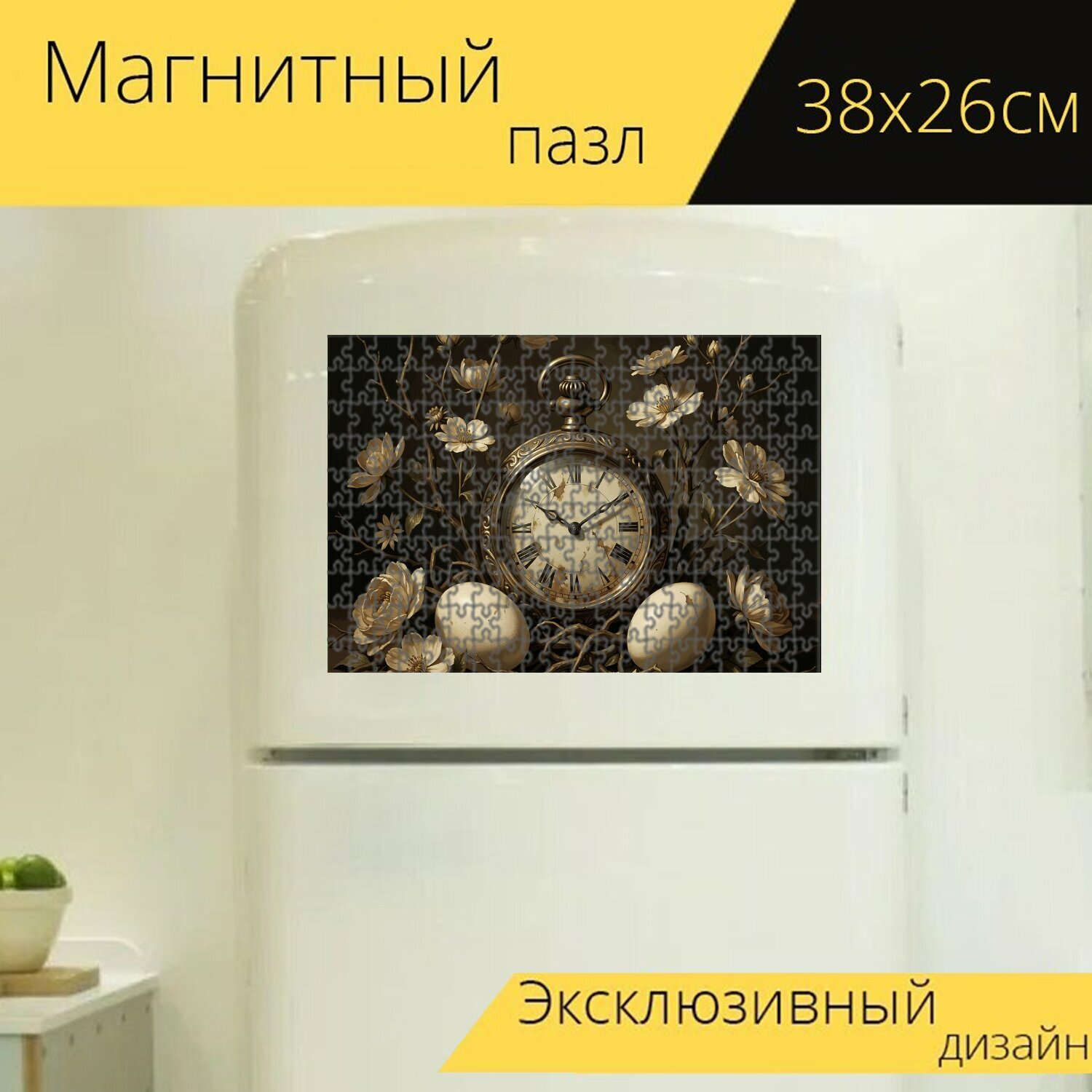 Магнитный пазл "Старинные часы с цветами и яйцами. Антикварный циферблат в винтажной стилистике, окружённый нежными белыми соцветиями, сухими ветвями и." для интерьера, 38х26 см.