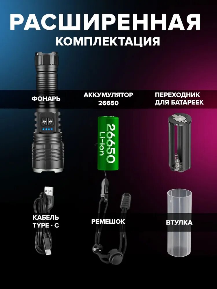 Ручной фонарь мощный 13000 Лм, дальность 3000м, IP68, встроенный аккумулятор 26650, красный/желтый/белый — фото 1