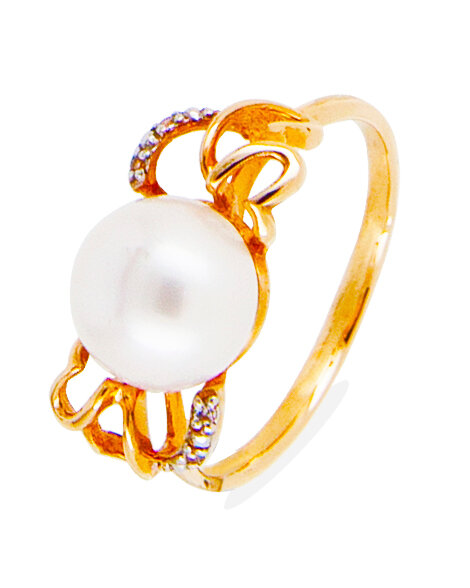 Кольцо на фалангу, красное золото, 585 проба, филигрань, фианит, жемчуг