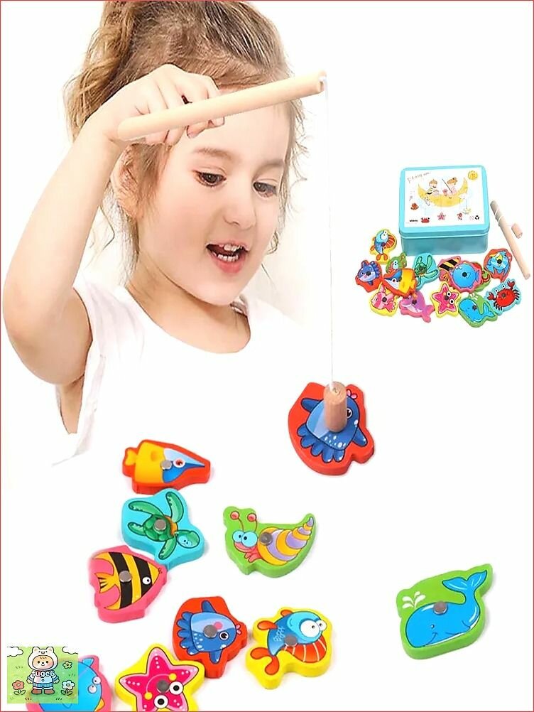Игрушка для рыбалки с железной коробкой, магнитная игрушка для рыбалки Монтессори, деревянный рыболовный набор для детей в возрасте от 3 лет