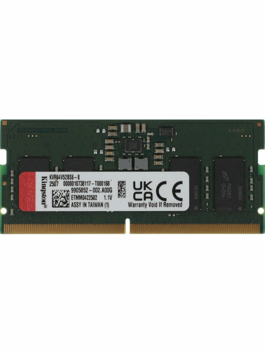 Память DDR5 8GB 6400MHz Kingston KVR64V52BS6-8 Valueram RTL PC5-51200 CL52 SO-DIMM 262-pin 1.1В single rank RTL