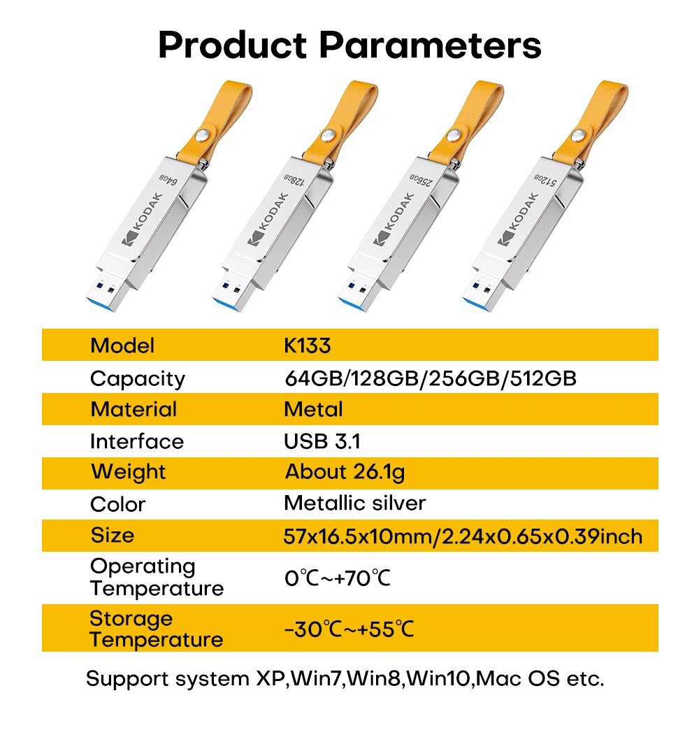 Kodak K133 USB 3.1 флэш-накопитель 64 ГБ 128 ГБ 256 ГБ 512 ГБ скорость чтения 120 МБ/с металлический корпус кожаный ремешок USB3.1 флэш-накопитель для ПК и HD-TV