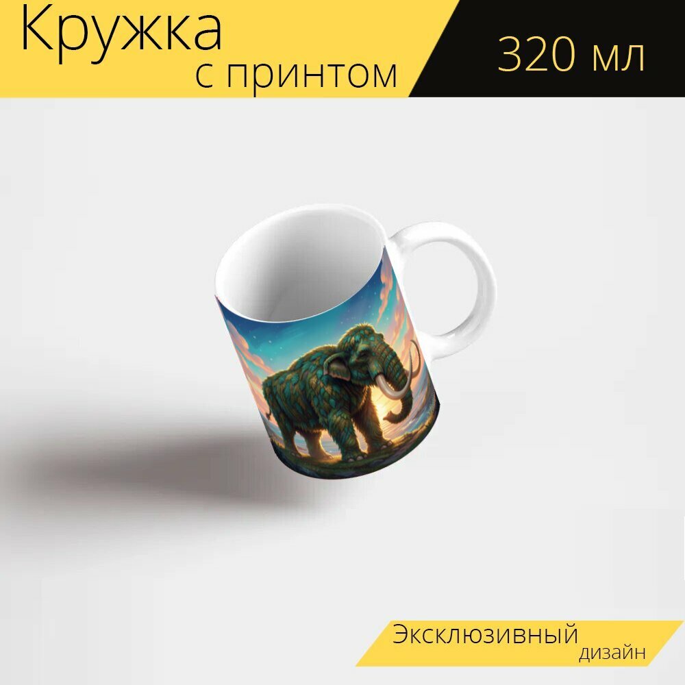 Кружка с рисунком, принтом "Мамонт на закатном берегу. Фантазийный гигант с изогнутыми бивнями стоит у моря на фоне теплого вечернего неба. Яркие листья, мягкое свечение." 320 мл.