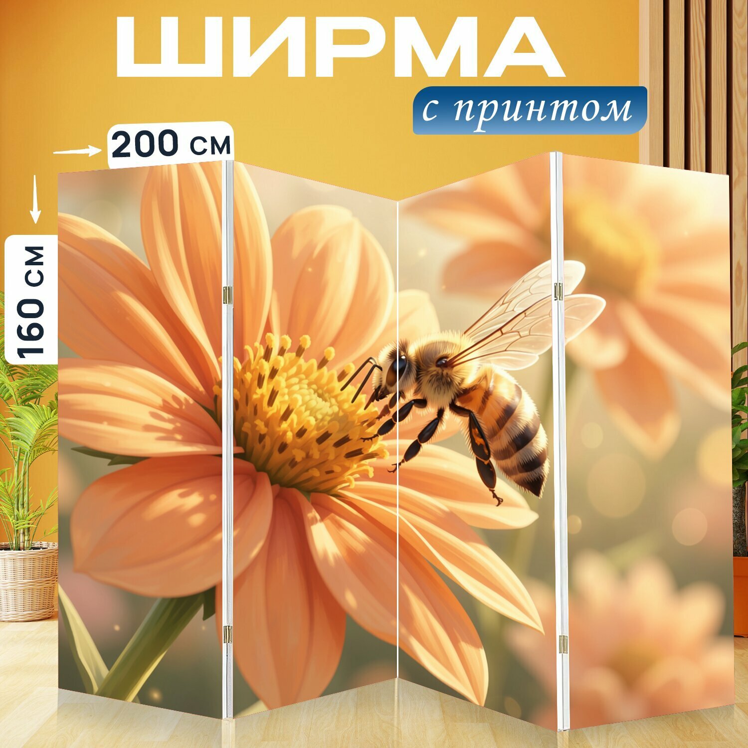 Ширма "Пчела на оранжевом цветке. Нежная макросцена с пчелой, собирающей нектар на крупном оранжевом цветке." перегородка для зонирования комнаты с принтом 200x160 см. на холсте