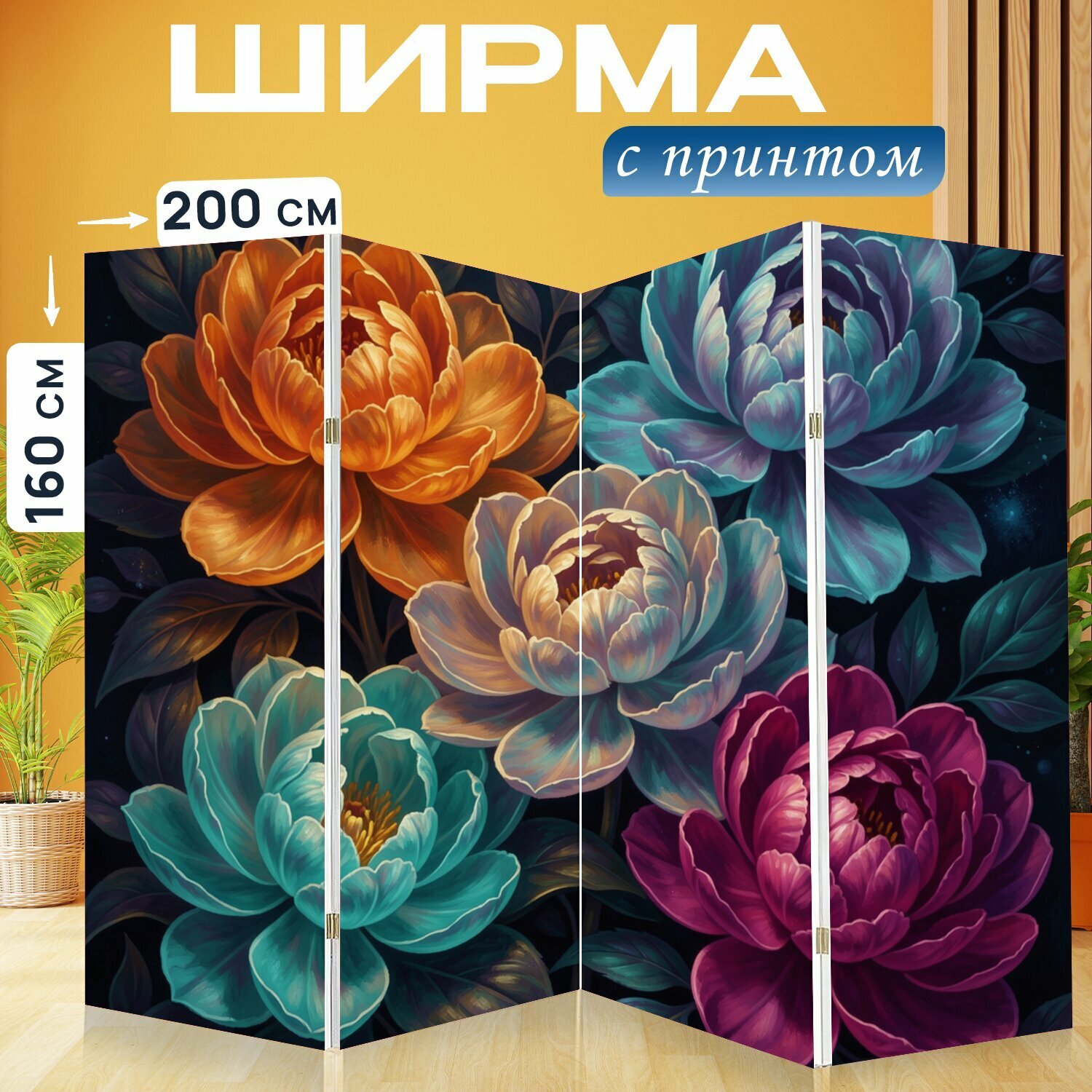 Ширма "Яркие цветы на темном фоне. Художественная флористическая композиция с крупными бутонами в оранжевых." перегородка для зонирования комнаты с принтом 200x160 см. на холсте